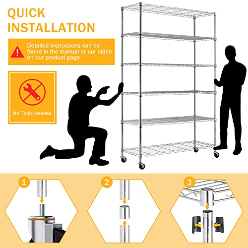 6 Tier Wire Shelving Rack,Steel Shelf 48" W x 18" D x 82" H Adjustable Storage System with Casters/Wheels and Feet Levelers,Garage Shelving Unit, Storage Shelving Rack,Kitchen/Office Rack (Chrome)