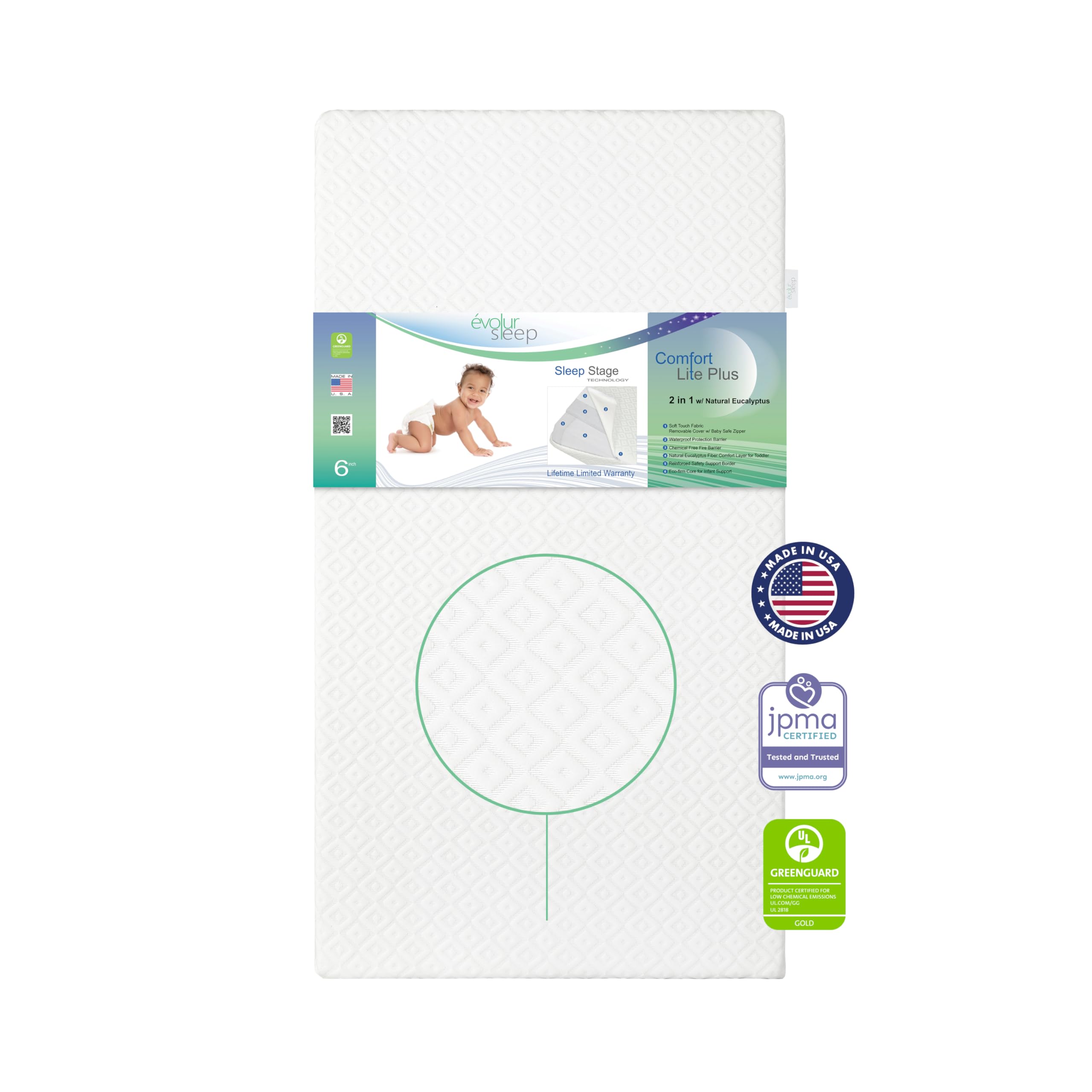 Evolur Sleep Comfort Lite Plus with Natural Eucalyptus Fiber Crib and Toddler Mattress, Greenguard Gold Certified