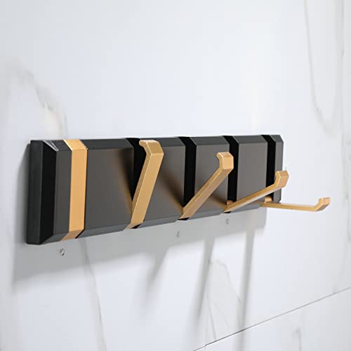 Beelee Coat Rack Wall Mount Floating Hook Rack, Space-Saving Towel Hanger Folding Coat Hooks for Coats,Scarves,Hat and More,Black and Gold Finish