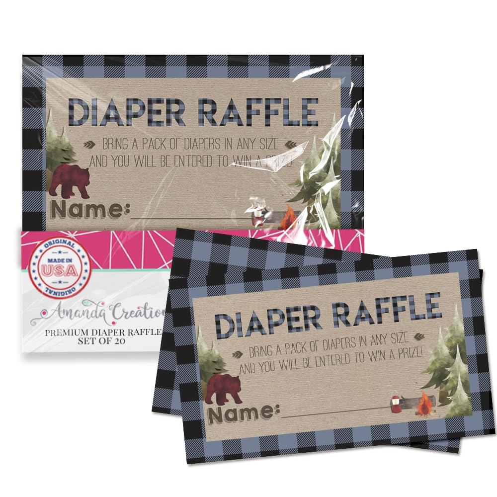 Amanda Creation Oh Boy! Outdoorsy Blue and Black Plaid Lumberjack Diaper Raffle Tickets for Boy Baby Showers, 20 2" X 3” Double Sided Inserts, Bring a Pack of Diapers to Win Favors &