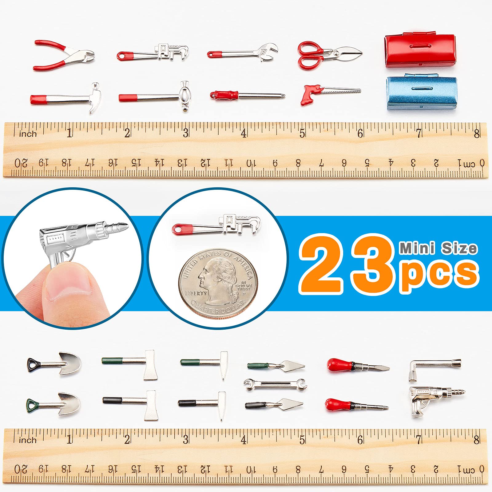 Aoriher 23 Pieces 1:12 Miniature Dollhouse Tools Dollhouse Metal Repair Tool Miniature Scene Model Work Tools with 2 Tin Boxes for Dollhouse Decoration Child Pretend Toy DIY Crafts Ornament