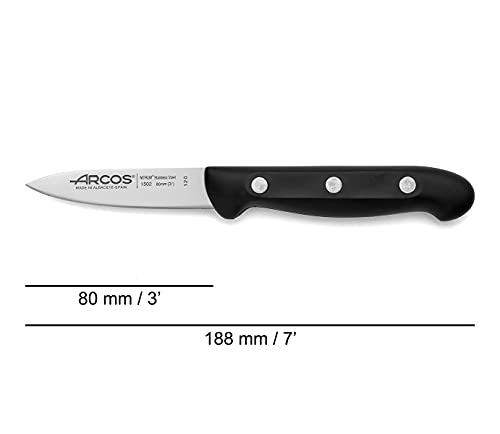 ARCOS Paring Knife 3 Inch Stainless Steel. Professional Kitchen Knife for Peeling Fruits and Vegetables. Ergonomic Polyoxymethylene Handle and 80mm Blade. Series Maitre. Color Black