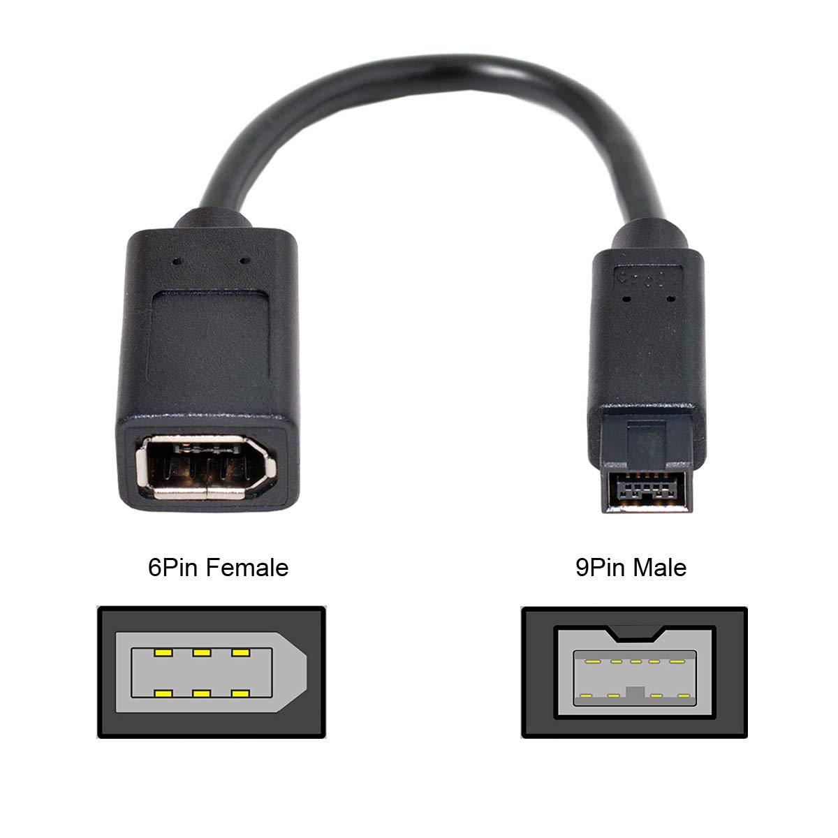 cablecc IEEE 1394 6Pin Female to 1394b 9Pin Male Firewire 400 to 800 Cable 20cm