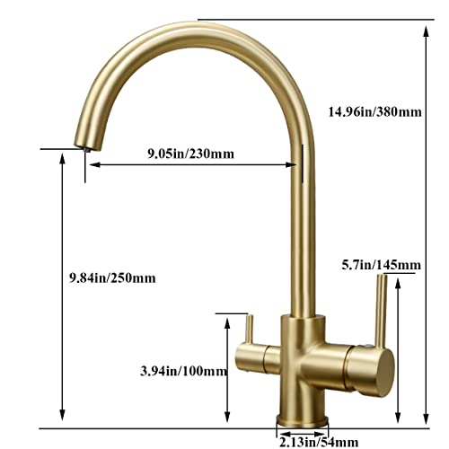 Techzm Tri Flow Water Filtration Kitchen Faucet 3 Way Water Filter Taps Brushed Golden