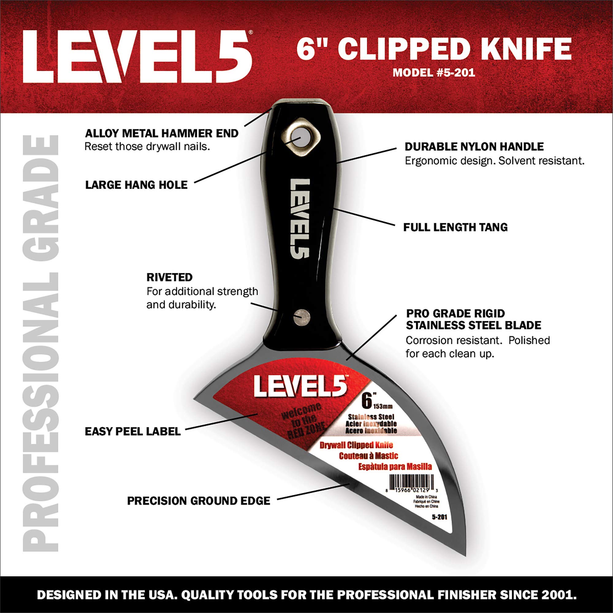 6" Clipped Drywall Pointing Knife - LEVEL5 | Metal Hammer End | Pro-Grade Finishing Tools | Sheetrock Gyprock Plasterboard Mud | 5-201
