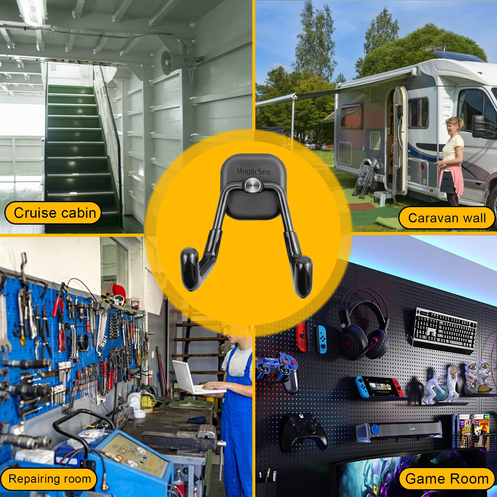 2 Pcs Large Heavy Duty Magnetic Hooks with Double Prong, Universal Fit Indoor Outdoor Strong Magnet Organizer Hangers with Rubber Coating Garage Cruise RV Workshop for Heavy Objects and Utility Tools
