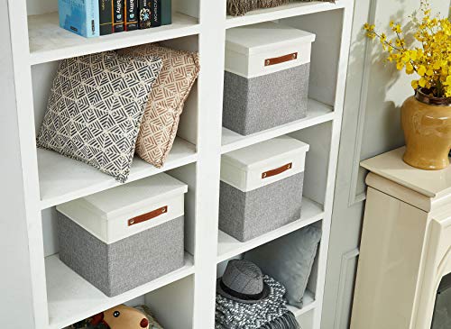 DECOMOMO Cube Storage Bins | Fabric Storage Cubes with Lid Closet Organizer Cubby Bins for Shelves Cloth Nursery Decorative Basket with Handles (Grey and White, 13 x 13 x 13 inch)