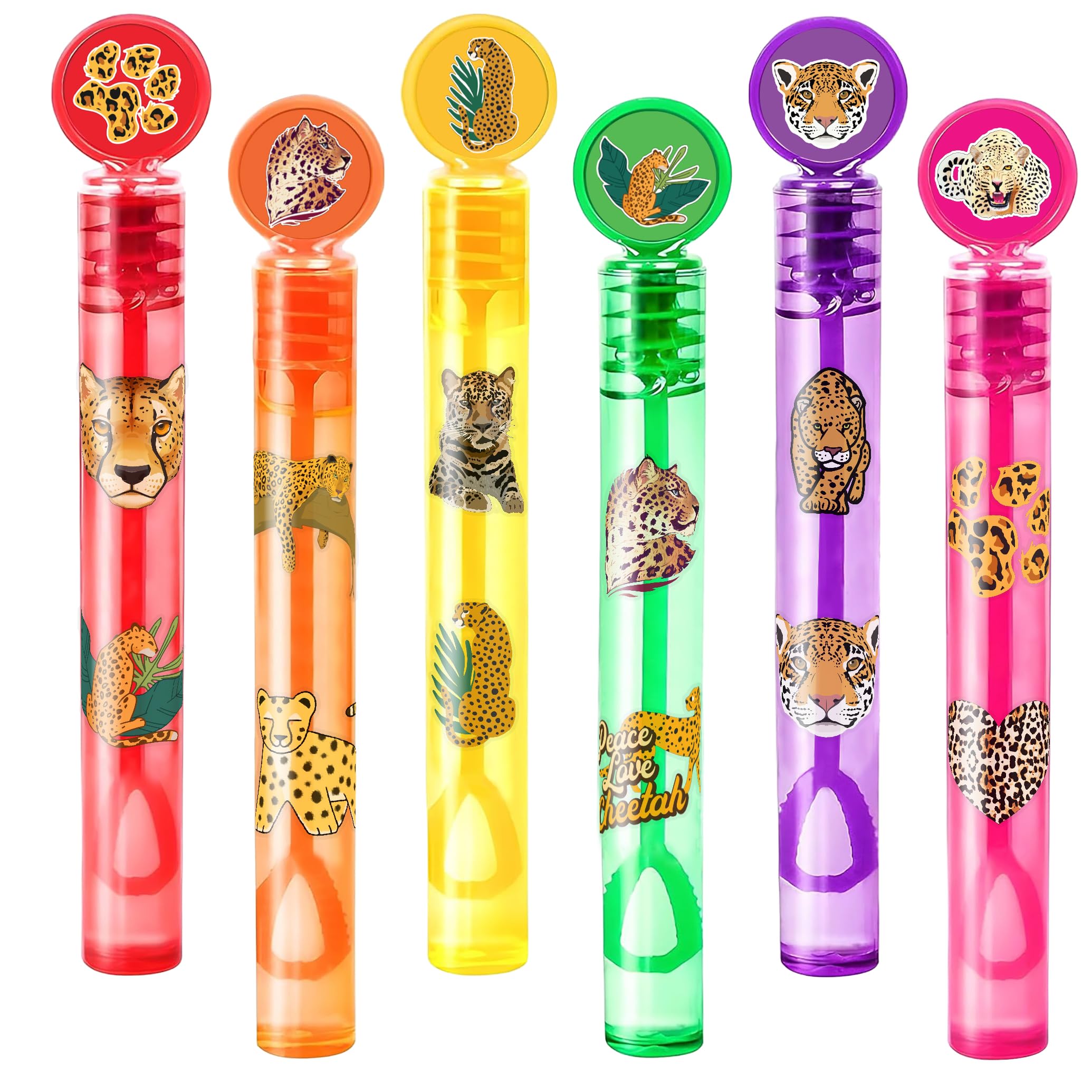 24PCS Cheetah DIY Bubble Wands Party Favors 96PCS Stickers for Goodie Bag Fillers Pinata Stuffers, Mini Bubble Bulk Birthday Party Supplies Toys Gifts Class Prizes for Toddlers Boys Girls