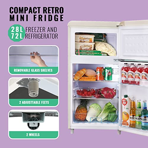 DEMULLER Retro Mini Fridge 3.5 Cu.ft Refrigerator with Top Freezer Compact Fridge Apartment Size Refrigerator Dual Door Fridge with Handles Small Refrigerator for Home Office Dorm
