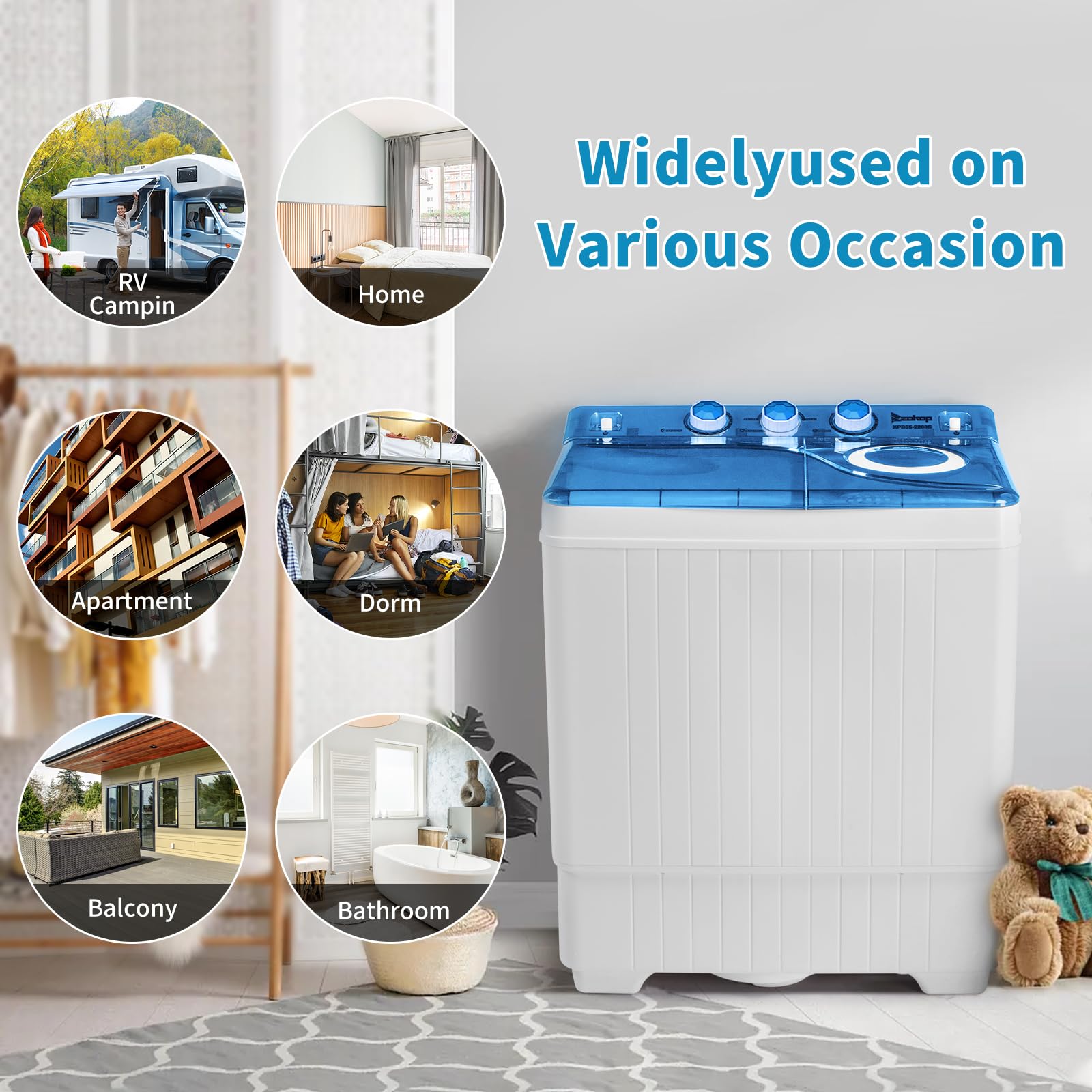 26Lbs Portable Washing Machine and Dryer, Twin Tub Portable Washer Dryer Combo with Drain Pump, Semi-Automatic 18Lbs Washer Mini Laundry Machine with 8Lbs Spinner for Dorms, Apartments, RVs, Blue