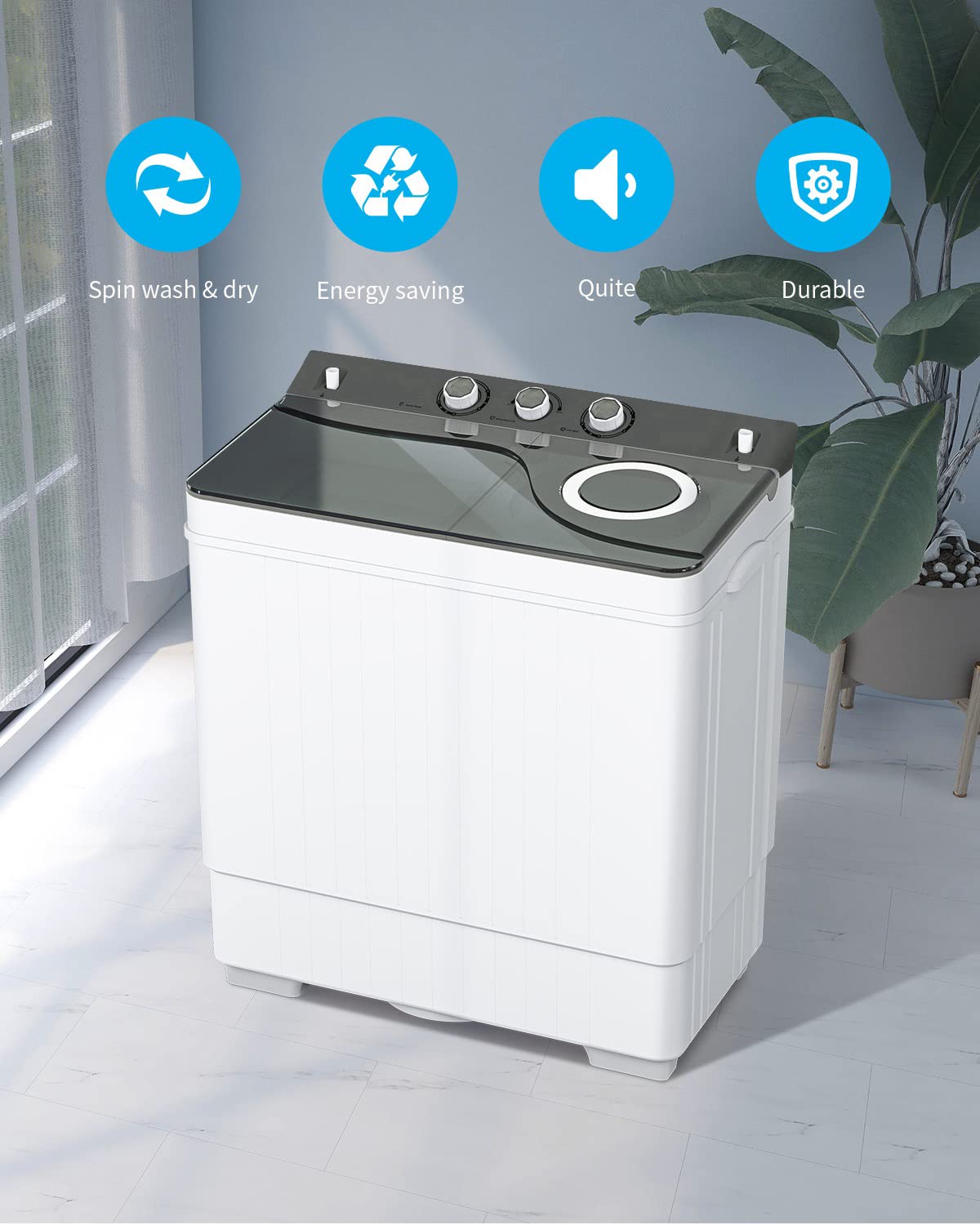 26Lbs Portable Washing Machine and Dryer, Twin Tub Portable Washer Dryer Combo with Drain Pump, Semi-Automatic 18Lbs Washer Mini Laundry Machine with 8Lbs Spinner for Dorms, Apartments, RVs, Gray