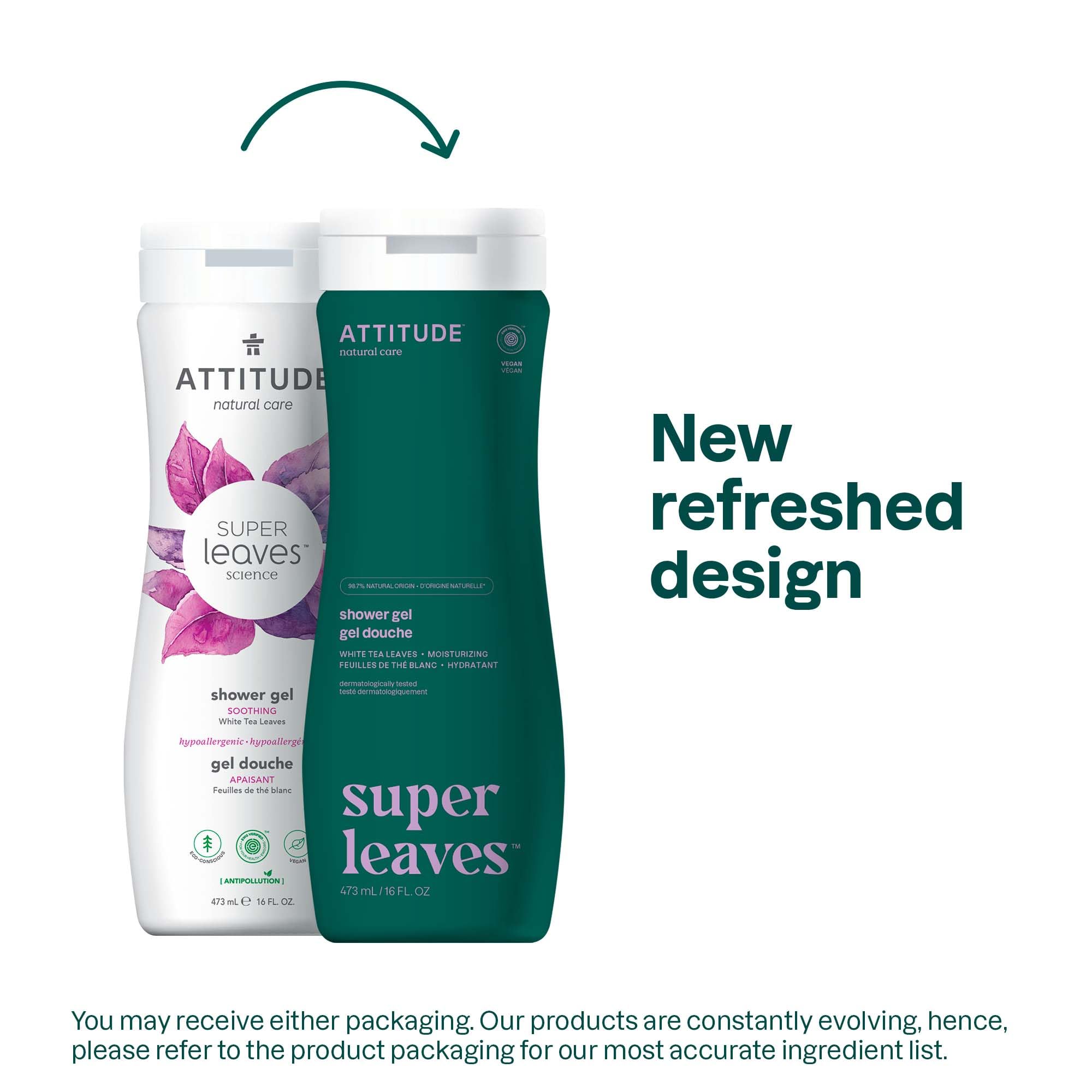 ATTITUDE Body Wash, EWG Verified Shower Gel, Dermatologically Tested, Plant and Mineral-Based, Vegan Personal Care Products, White Tea Leaves, 16 Fl Oz