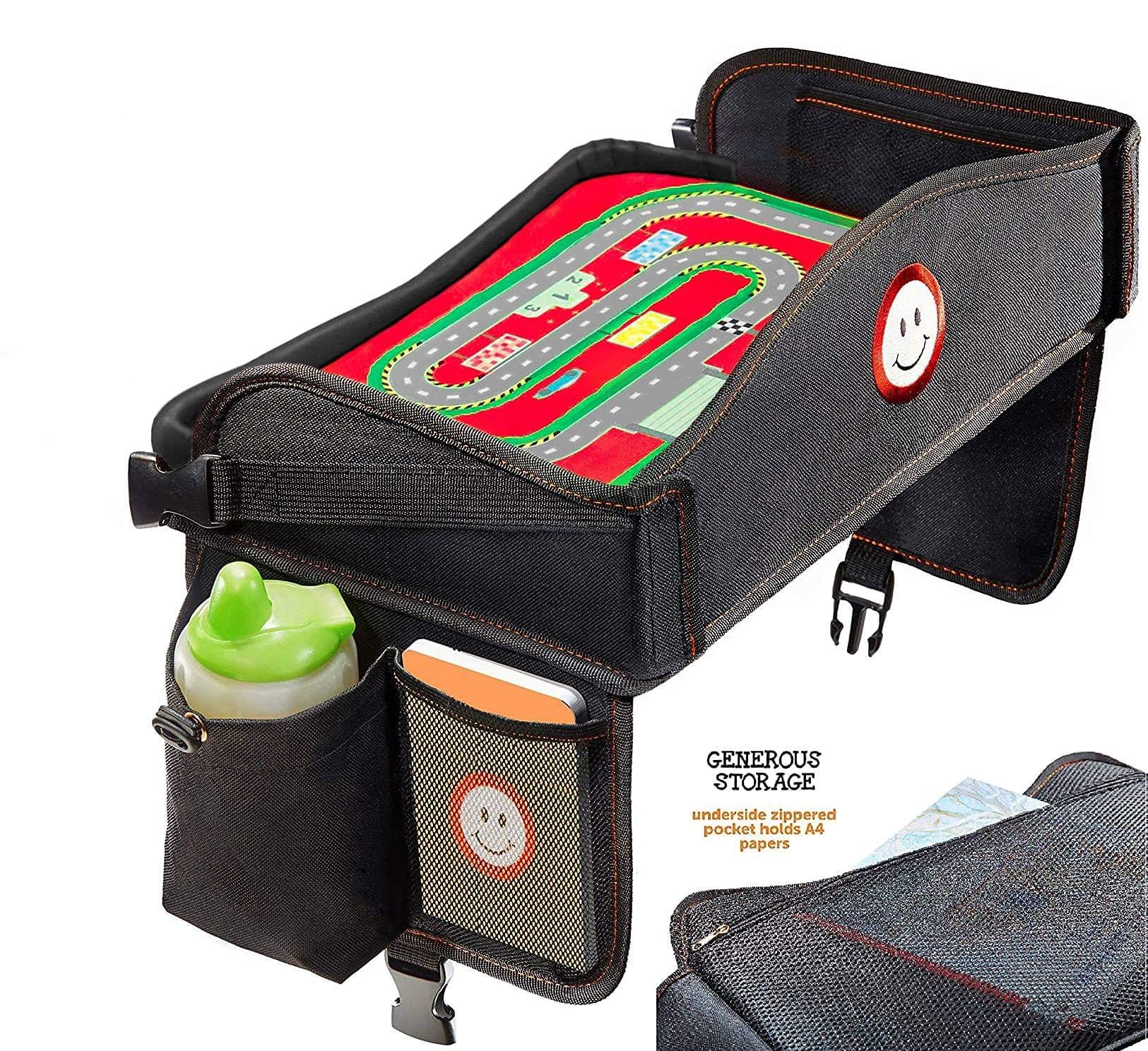 Coolmum Kids Travel Tray, Toddler Car Seat Tray, Double Sided Activity Organizer, Snack Lap Tray, Baby Stroller Tray, Airplane Play Table, Waterproof and Foldable (Premium Black)