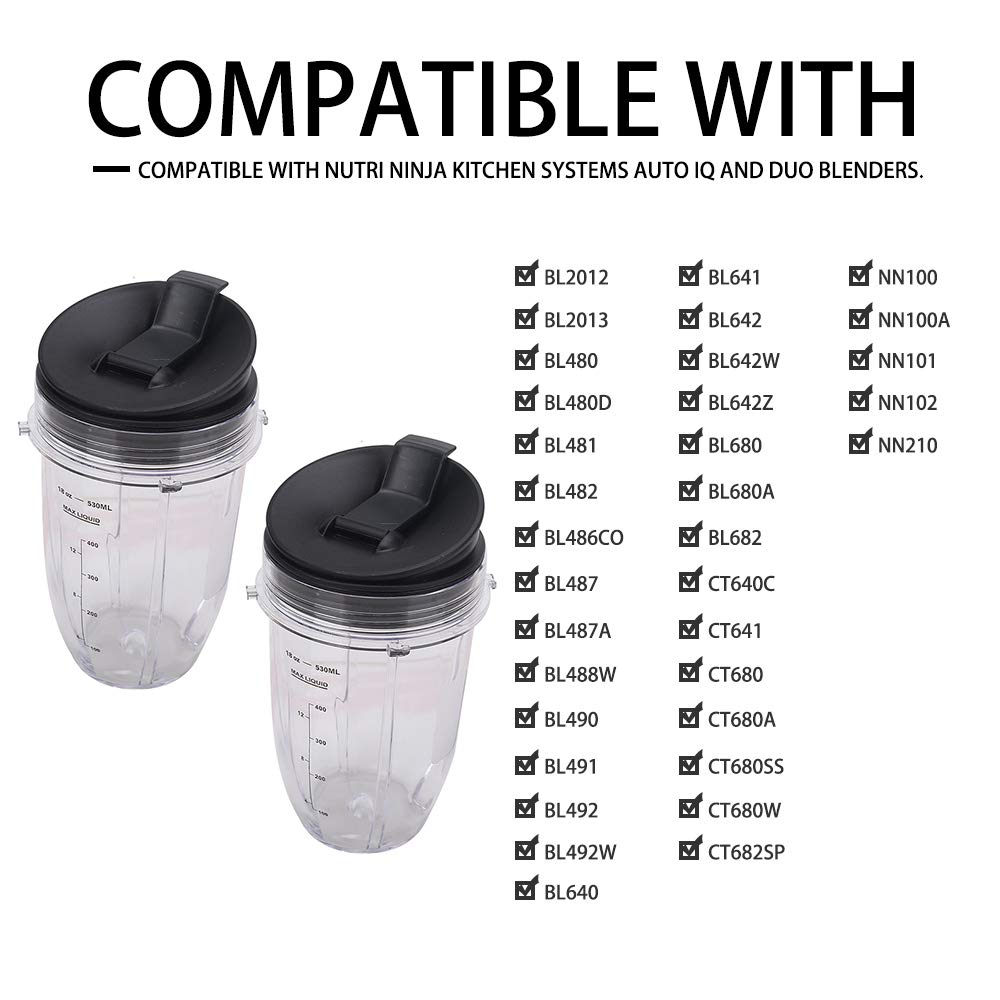 2 Pack 18 OZ Replacement Blender Cups with Sip N Seal Flip Lids Compatible with Nutri Ninja BL480 BL481 BL482 BL490 BL640 BL680 Auto-iQ 1000w Series and Duo Blenders