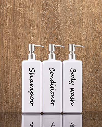 27 oz Reusable Shampoo and Conditioner Bottle set of 3 - With 304 Rust Proof Stainless Steel Pump, for Shampoo, Conditioner,Body Wash - Empty Plastic Refillable Containers for Shower (Silver)