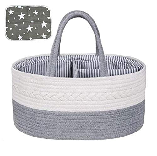 Baby Diaper Caddy Organizer | with Waterproof Changing Pad | 100% Cotton Rope Woven Basket | Portable Nursery Storage | for Boys and Girls | Travel Car Bin | 6 Inner Pockets | Removable Inserts