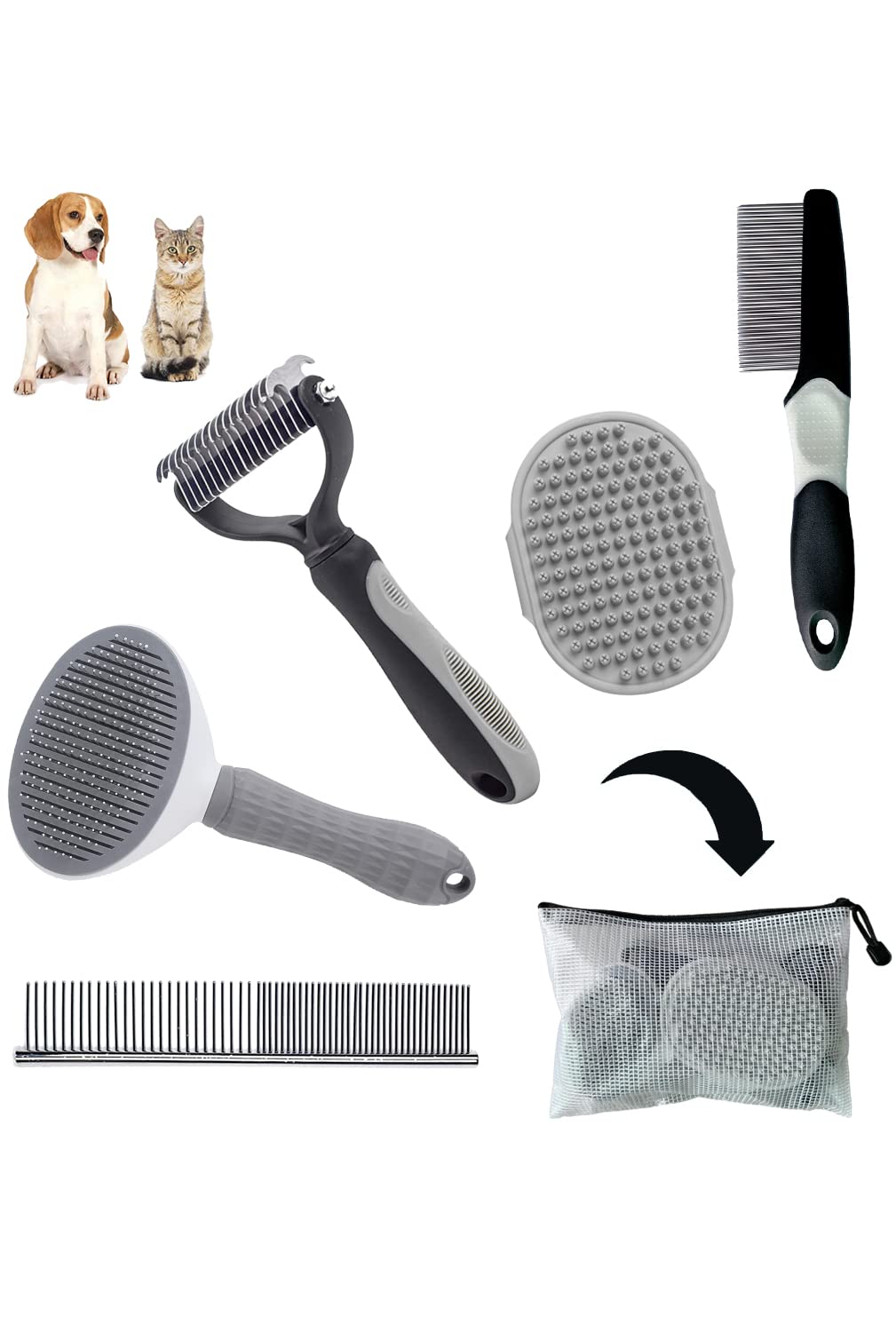 5PCS Grooming Kit for Dog,Puppy- Deshedding & Slicker Brush for Short-Haired Pets, Flea Comb and Grooming Comb Set Grey