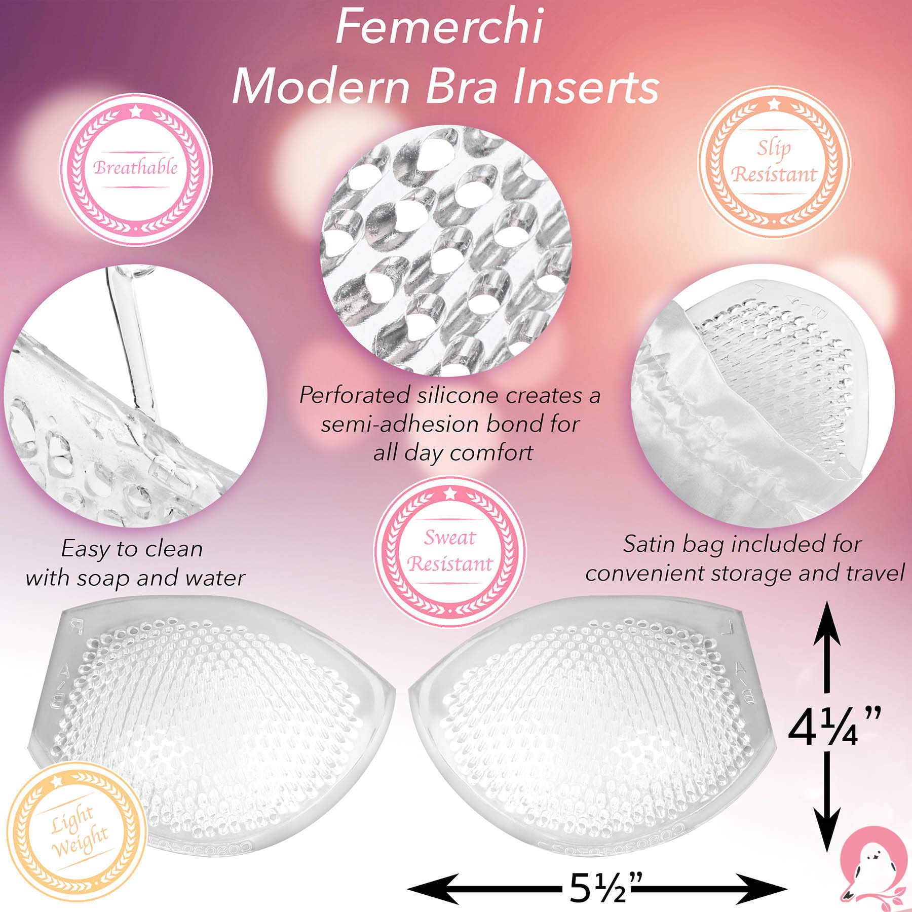 Femerchi Silicone Bra Inserts Pads for Sizes A-D – Breathable, Nonslip Breast Enhancers Inserts – Reusable, Washable Bra Pads Inserts Push Up – Semi-Adhesive Design for Bra, Bikini, Sports Bra