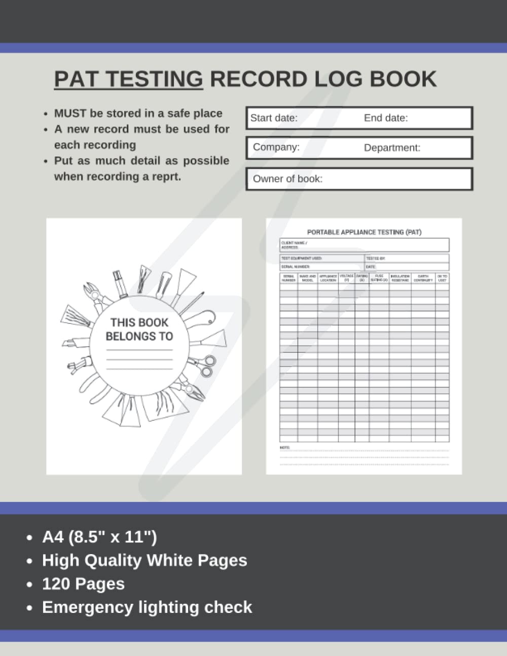 Pat Testing Record Log Book: Professional Pat Testing Record Book | Electrical Equipment Control Log Book | Heath & Safety Compliance Record Book | For Businesses, Schools and Landlords