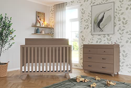 Child Craft SOHO 4-in-1 Convertible Crib with Flat-Top Headboard, Mid-Century Modern Baby Crib, Dusty Heather