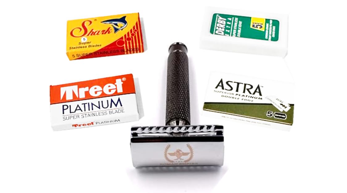 Caesar Gun Metal Safety Razor by Roman Empire Shaving with Set of 20 Shaving Blades (Astra-Derby-Shark-Treet)