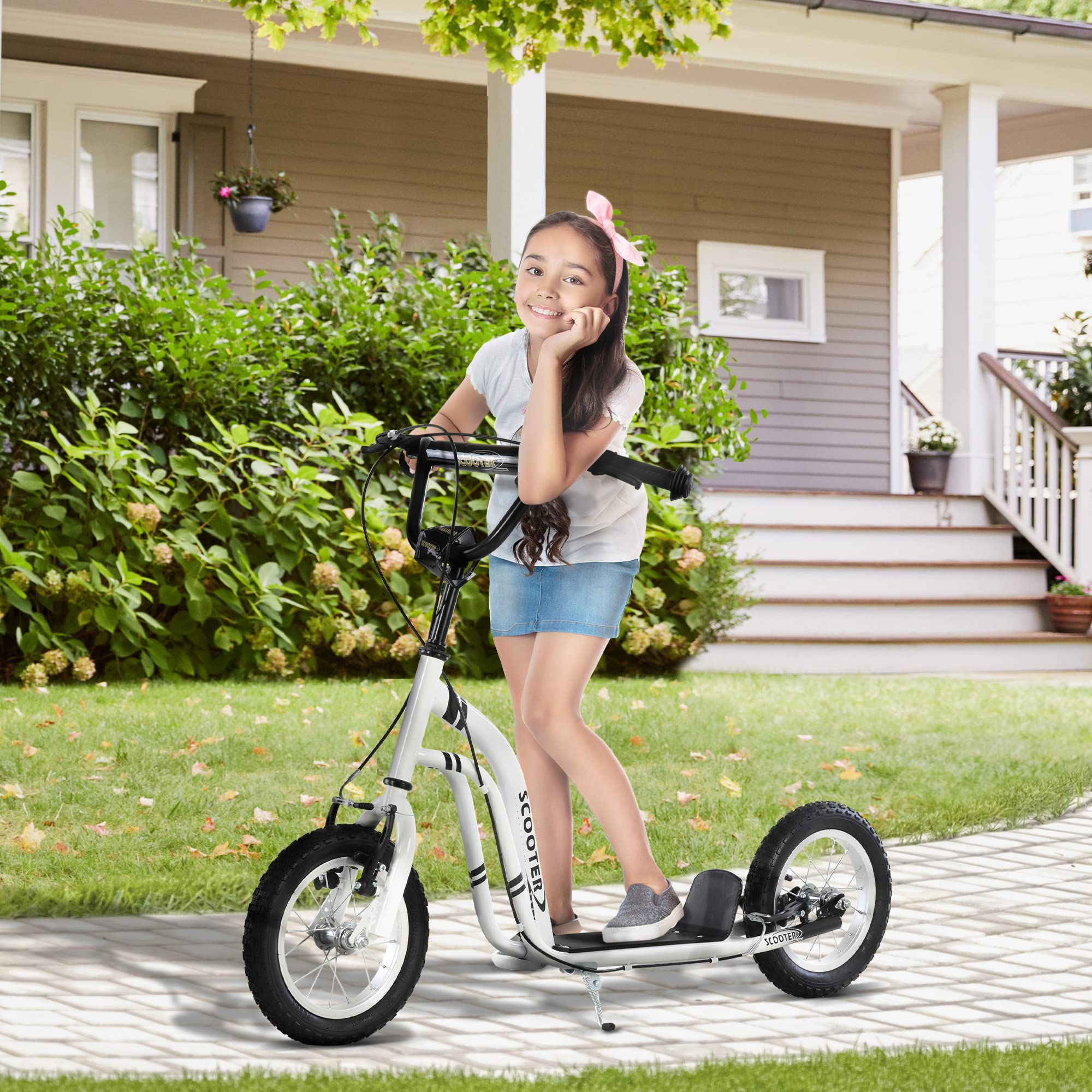 Aosom Youth Scooter Front and Rear Caliper Dual Brakes 12-Inch Inflatable Front Wheel Ride On Toy for Age 5+, White