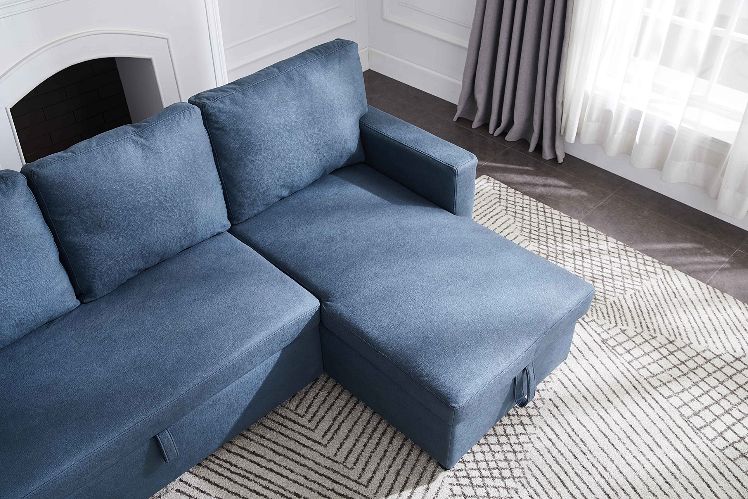 ATY Reversible Sectional Sleeper Sofa with Storage Chaise, L Shape Couch with Pull-Out Bed, Living Room Furniture, 85", Blue