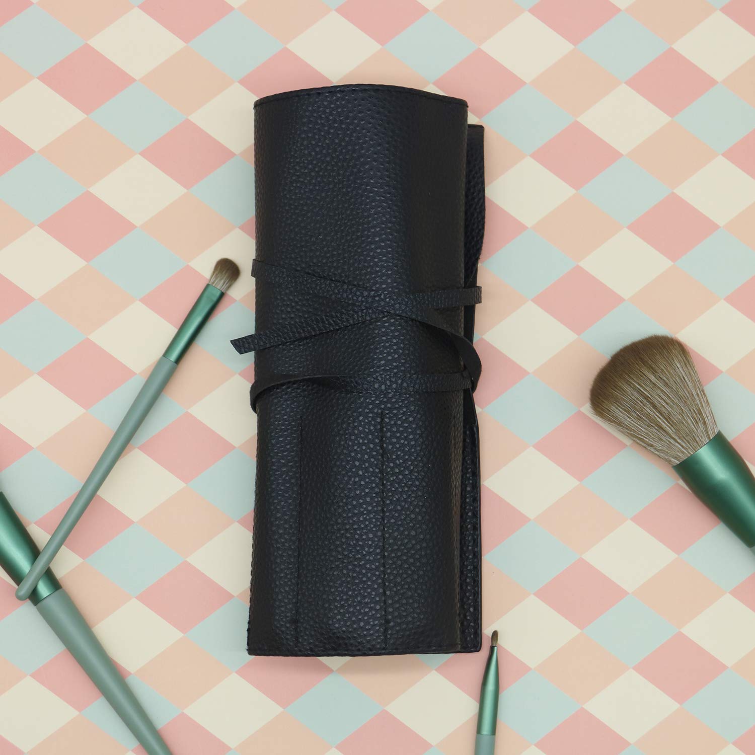 Bird&Fish Makeup Brush Case Travel, makeup brush bag,makeup brush silicone case roll up bag,Rolling Bag Storage Case PU Leather,Holder Organizer Brushes Pouch Cosmetic Bag for Travel(Black)