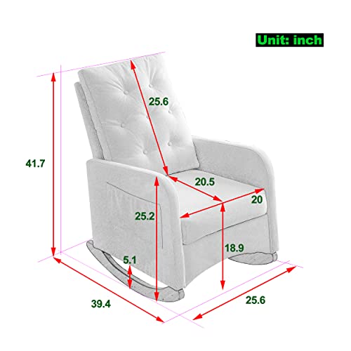 Deolme Modern Accent Rocking Chair, Button Tufted Upholstered Glider Rocker for Nursery, Comfy Armchair with Side Pocket, Lounge Chair with High Backrest for Living Room, Bedroom (Fabric Light Beige)