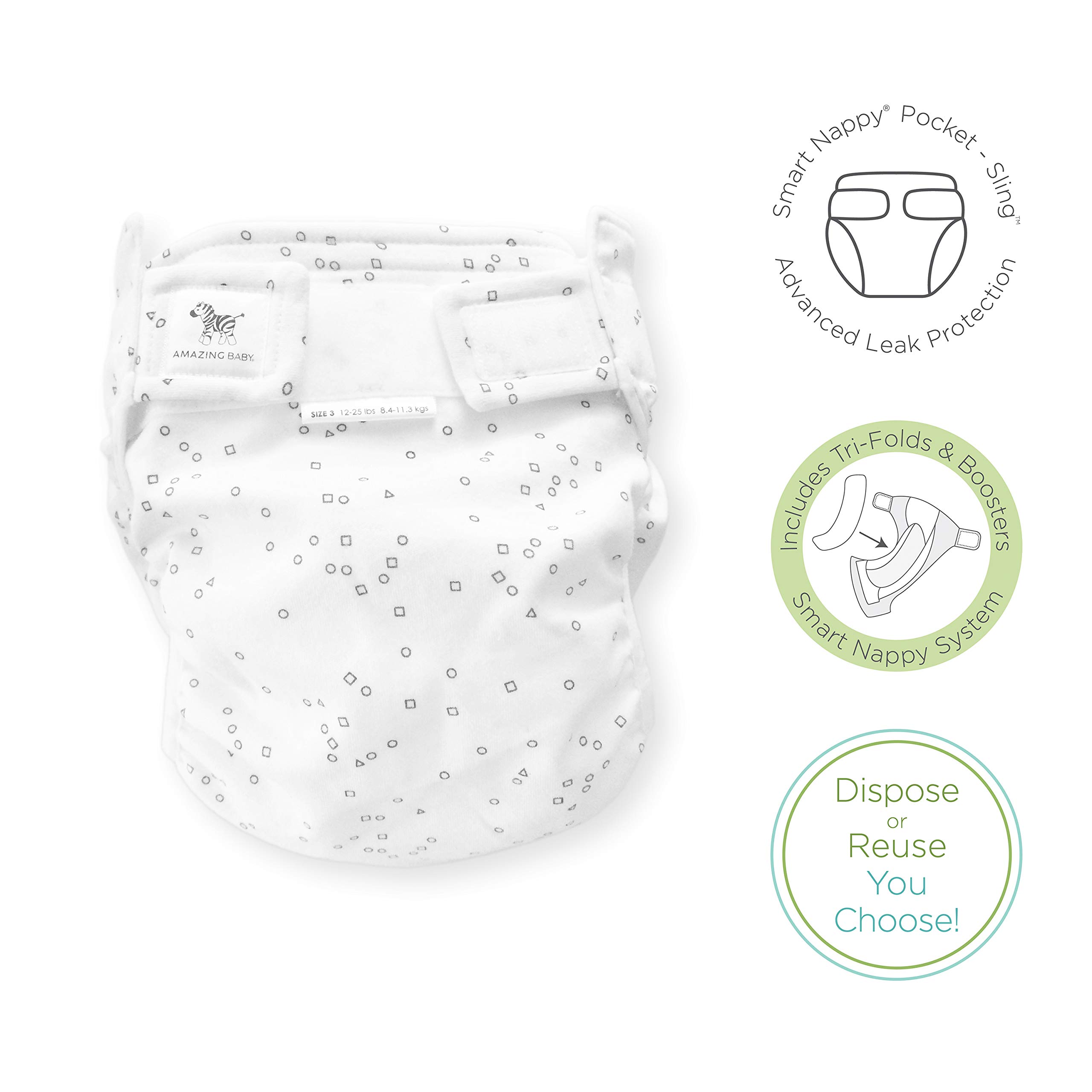 Amazing Baby Hybrid Cloth Diaper Cover with Pocket-Sling, Med, Sz 3 (12-25 lbs), Use with Boosties Inserts, Confetti, SmartNappy Set includes Cotton Knit Cover + Tri-fold Insert + Booster Pad