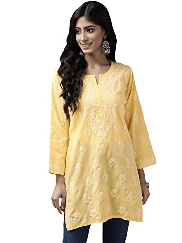Ada Indian Hand Embroidered Chikankari Women's Cotton Top Tunic Shirt Blouse A911127 (XS, Yellow)