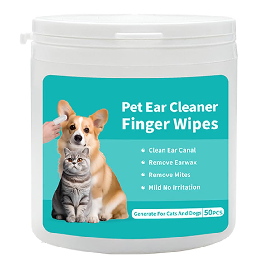 50 Pcs Ear Cleaner Finger Wipes, Dog Ear Finger Wipes, Ear Finger Wipes for Dogs Cats - Sooths & Deodorizes，Ear Relief Finger Wipes，Ear Cleansing Finger Wipes for Dogs，Sooths & Deodorizes (50 PCS)