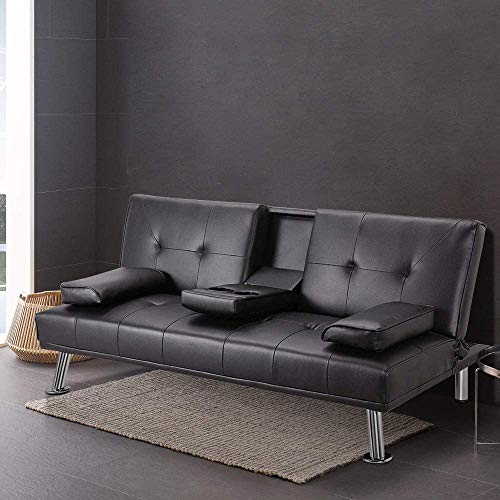 HCWORLD Modern Faux Leather Couch Futon Bed Convertible Home Recliner Furniture with Armrest & Fold Up & Down Sofas, Black