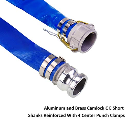 2" x 100' Blue PVC Backwash Hose for Swimming Pools, Heavy Duty Discharge Hose Reinforced Pool Drain Hose with Aluminum Camlock C and E Fittings