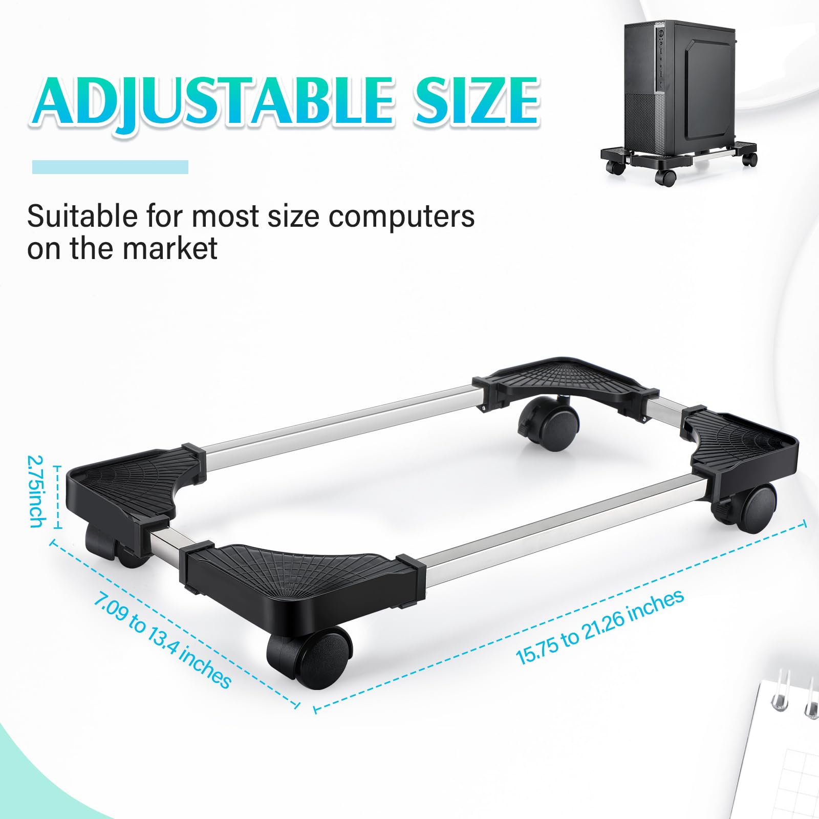 2 Pcs Mobile CPU Stand Adjustable Computer Tower Stand with 4 Locking Caster Wheels CPU Rolling Stand Tower Fits Most PC, Black