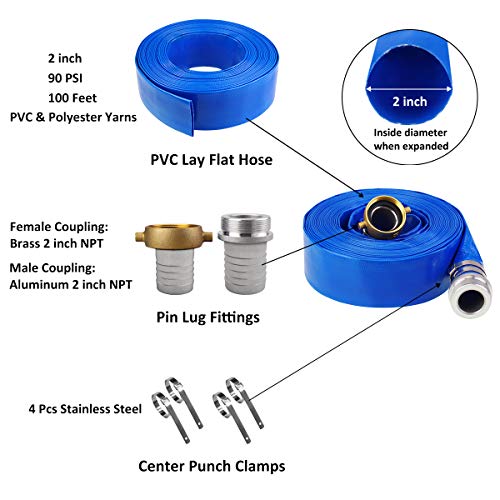 2" x 100ft Blue PVC Backwash Hose for Swimming Pools, Heavy Duty Discharge Hose Reinforced Pool Drain Hose with Aluminum Pin Lug Fittings