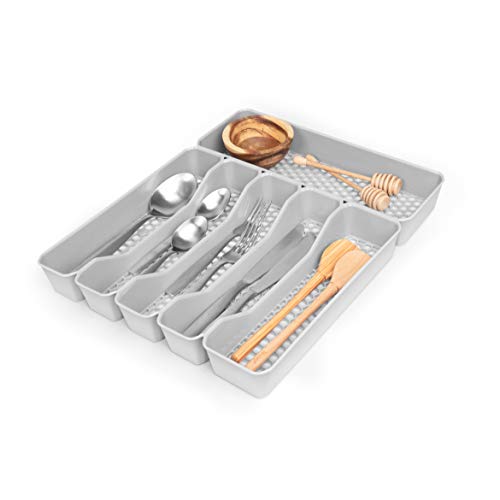 Spectrum Diversified Hexa 5-Divider Silverware Buildup-Resistant Drawer Organizer & Utensil Holder with Locking Expandable Wings, Easy-to-Clean Modern Kitchen Storage & Cutlery Tray, Stone Gray