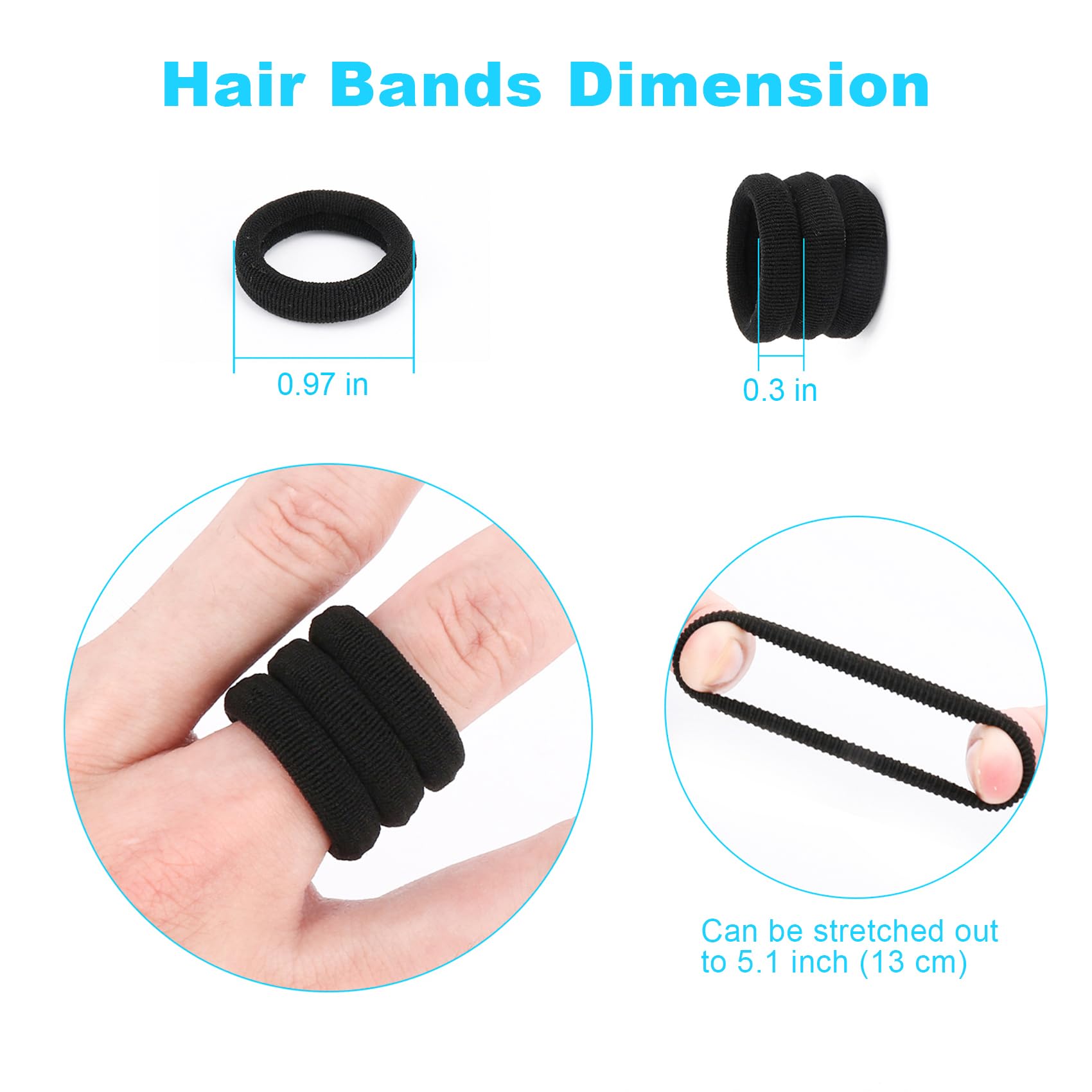 Black Seamless Hair Ties โ Cotton Hair Bands โ Tiny Elastics Ponytail Holders for Toddlers, 1 Inch in Diameter, Black, by Nspring