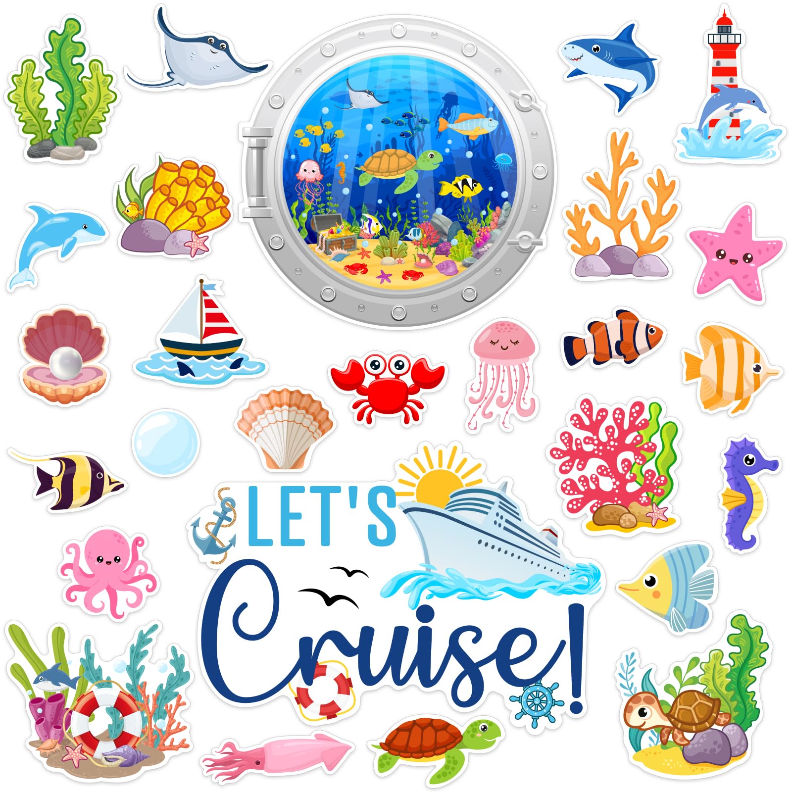 27PCS Cruise Door Decorations Magnetic, Ocean Sea Animal Cruise Magnets for Door Decoration Summer Cruise Cabin Door Magnet Stickers for Carnival Cruise Refrigerator Car Door