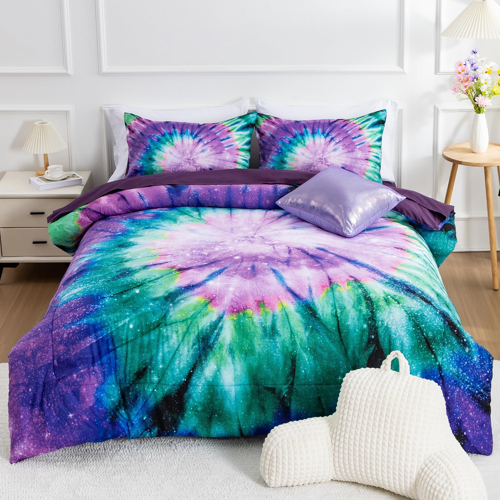 A Nice Night 6Pcs Bed in a Bag Bedding Set Tie Dye Galaxy Children Comforter Set, Psychedelic Swirl Pattern Colorful Boho, BoysGirls Quilt Sets,Purple,Full