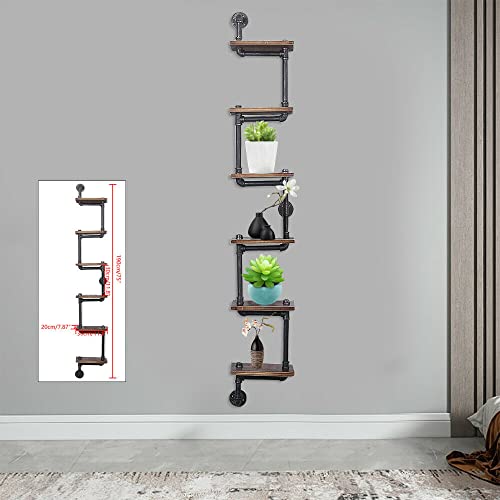 6-Tiers Rustic Floating Wood Shelves Industrial Rustic Iron Pipe, Industrial Bookshelf Modern Ladder Shelf, Vintage Metal Pipes and Wood Shelves, Rustic Display Bookshelf for Storage Collection