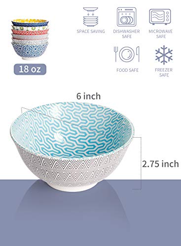 Amazingware Porcelain Salad Bowls - 18 Ounce for Cereal, Soup, Salad and Pasta, Bowl Set of 6, Assorted Designs
