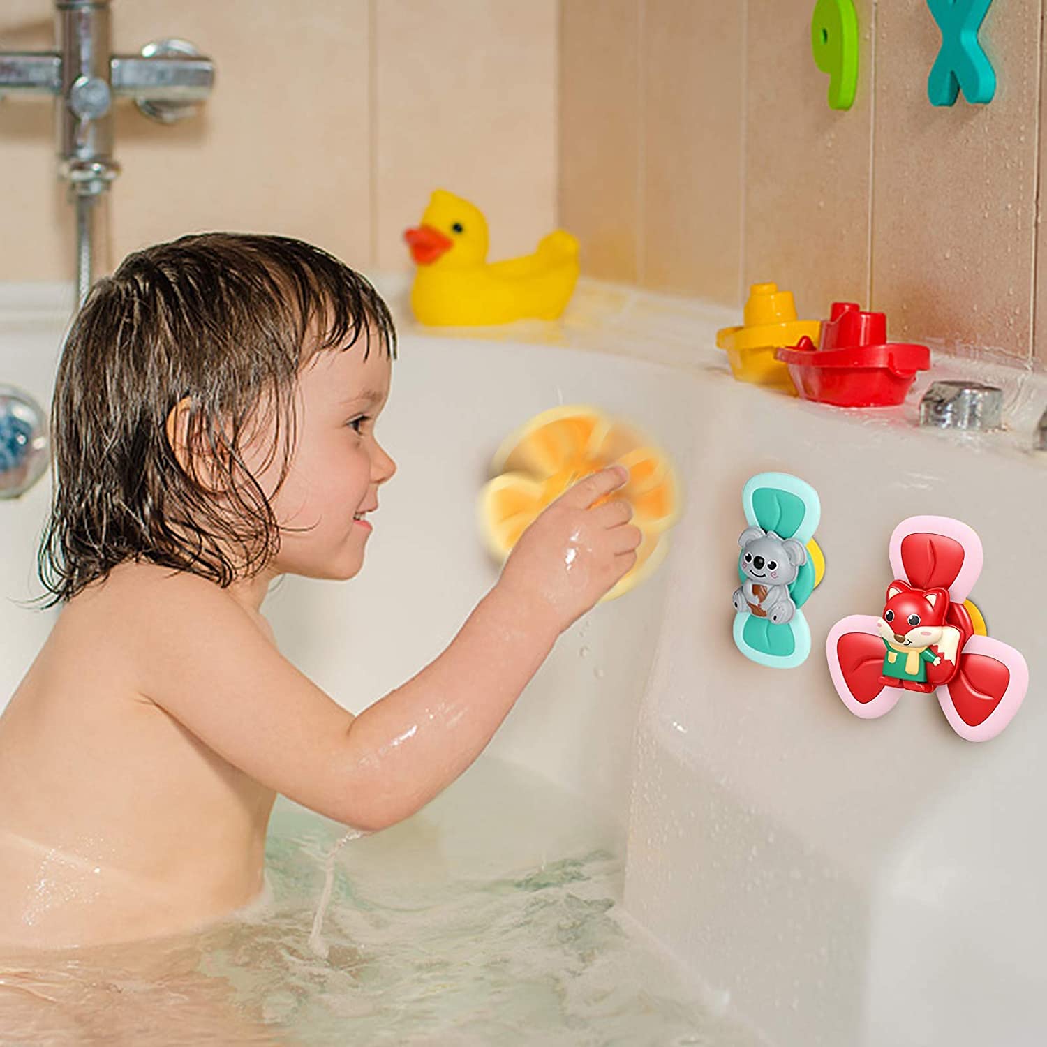 KLQQLK Suction Cup Spinning Top Toy,Suction Cup Toy,Safe Interesting Table Sucker Gameplay Early Learner Spinning topToys can be sucking glass, walls, seats, bathtubs, etc(Pack of 3)