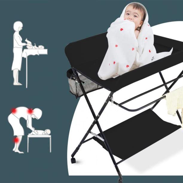 Baby Changing Table Portable Folding Diaper Changing Station with Wheels, Adjustable Height Mobile Nursery Organizer with Safety Belt and 2 Large Storage Racks for Newborn Baby Infant (Black)