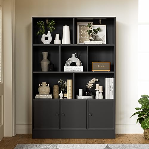 Anystyle Black 10 Cube Bookshelf, 4-Tier Bookcase Storage Cabinet with 3 Doors for Bedroom, Living Room