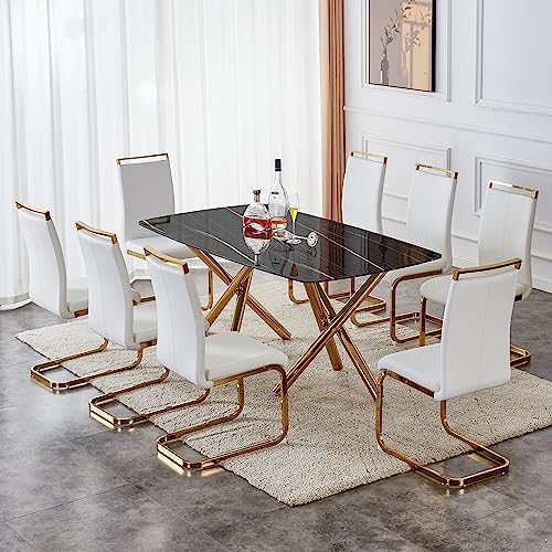 71ββ Modern Glass Dining Table for 8, Large Rectangular Dining Room Table with Golden Metal Legs, Minimalist Kitchen Table for Restaurant, Meeting Room, Imitation Marble Black Desktop