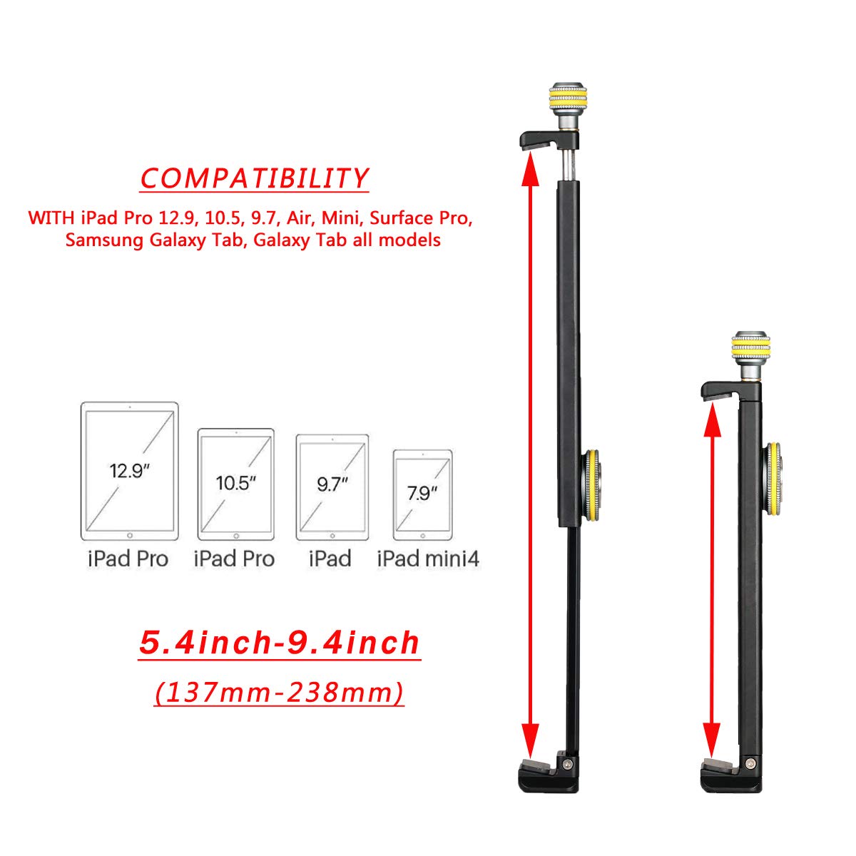 Aluminum iPad Holder for Tripod Mount, Universal Phone Tablet Clamp Tripod Adapter Bracket w Cold Shoe Mount 1/4 inch Screw and Acra Swiss Rail for iPad 4/Mini/Air/Pro/Surface Pro/iPhone/Galaxy Tab