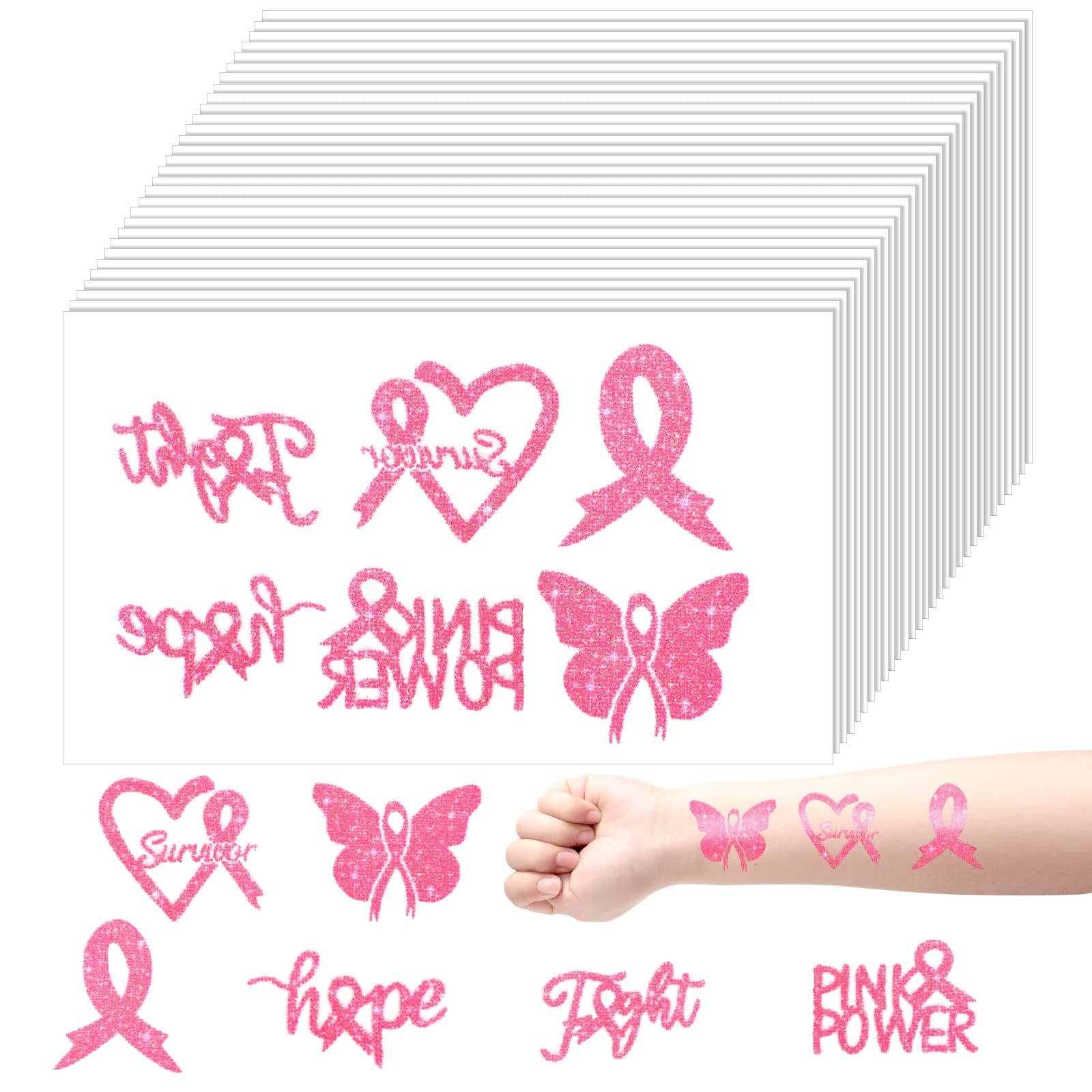 180 Pcs Breast Cancer Tattoo Sticker Temporary Pink Ribbon Tattoos Breast Cancer Awareness Glitter Tattoos Pink Ribbon Stickers Breast Cancer Body Tattoos for Women Girls Face Body Accessories