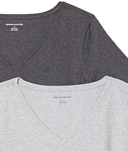 Amazon Essentials Women's Classic-Fit 100% Cotton Short-Sleeve V-Neck T-Shirt (Available in Plus Size), Pack of 2, Charcoal Heather/Light Grey Heather, Medium