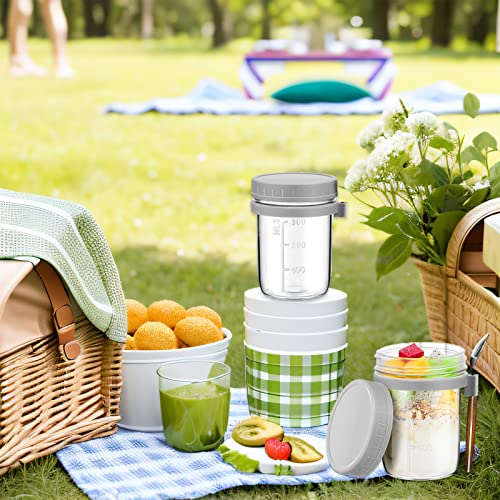 4 Pack Overnight Oats Containers with Lids and Spoons, 12 oz Airtight Mason Overnight Oats Jars, Meal Prep Container Reusable for Cereal, Fruit, Chia Pudding, Salad, Milk with Measurement Mark
